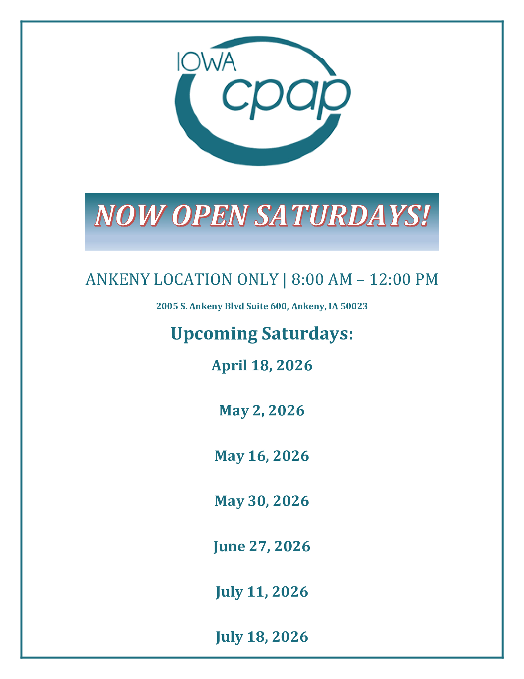 New Saturday Hours! - Iowa CPAP